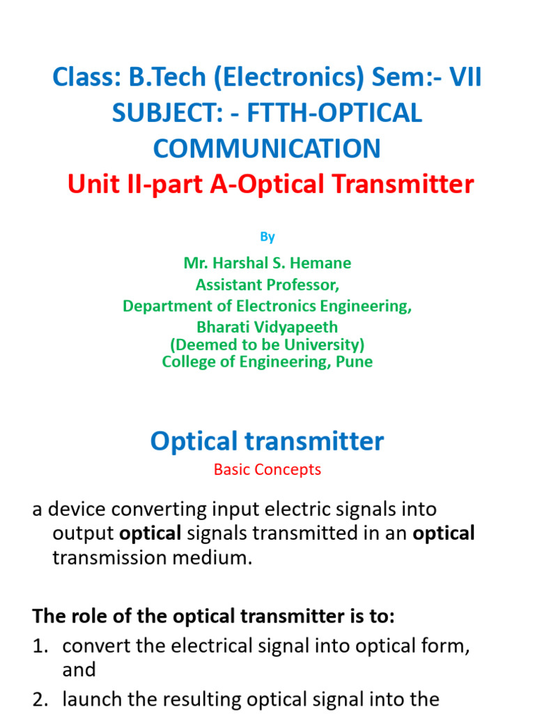FTTH OFC Unit II - Part A-Optical Transmitter | PDF | Laser | Light Emitting Diode