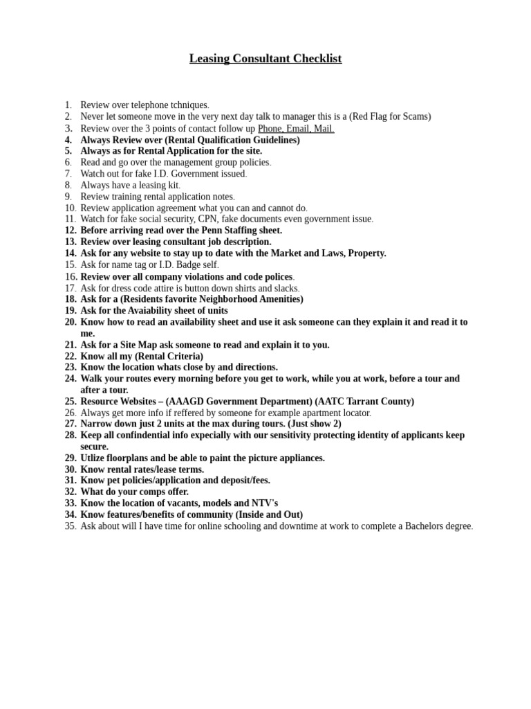 Leasing Consultant Essentials Checklist | PDF