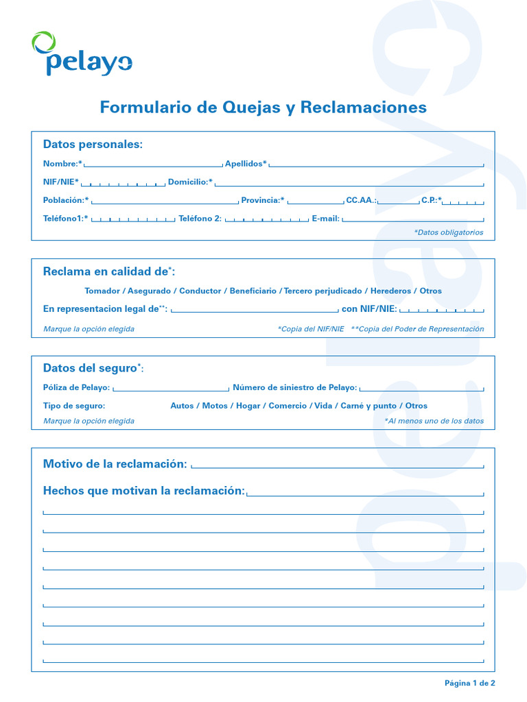FormularioQuejasyReclamaciones Pelayo | PDF | Seguro | Póliza de seguros