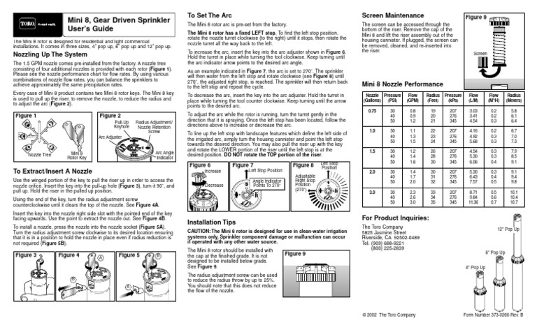 Toro Mini 8 Sprinkler Adjustment Guide | PDF | Turbine | Mechanical ...
