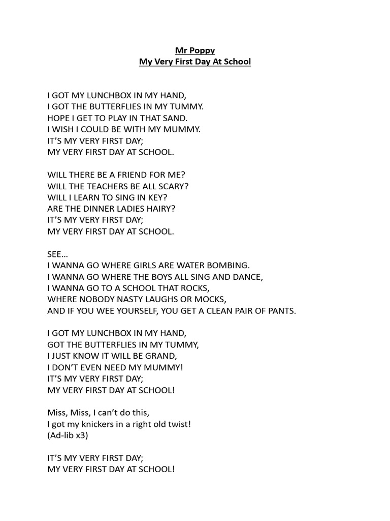Mr Poppy_my Very First Day at School Lyrics | PDF