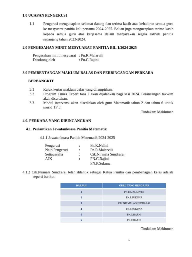 MINIT MESYUARAT MAT 1 2024-2025 | PDF