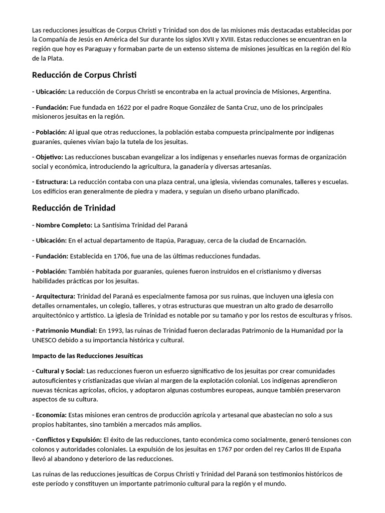 Reducciones Jesuíticas: Corpus Christi y Trinidad | PDF