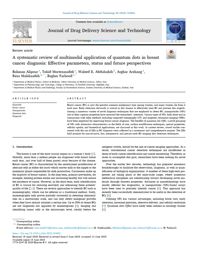 A Systematic Review of Multimodal Application of Quantum Dots in Breast | PDF | Cancer | Infrared