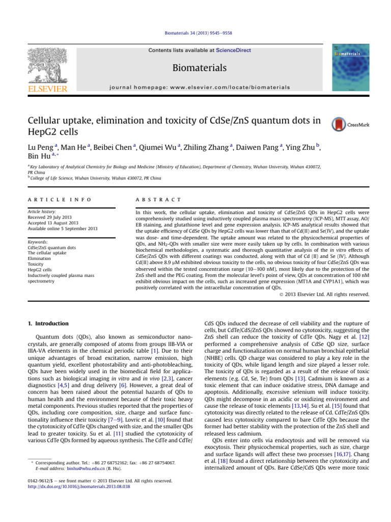 Cellular Uptake, Elimination and Toxicity of CdSeZnS Quantum Dots in | PDF