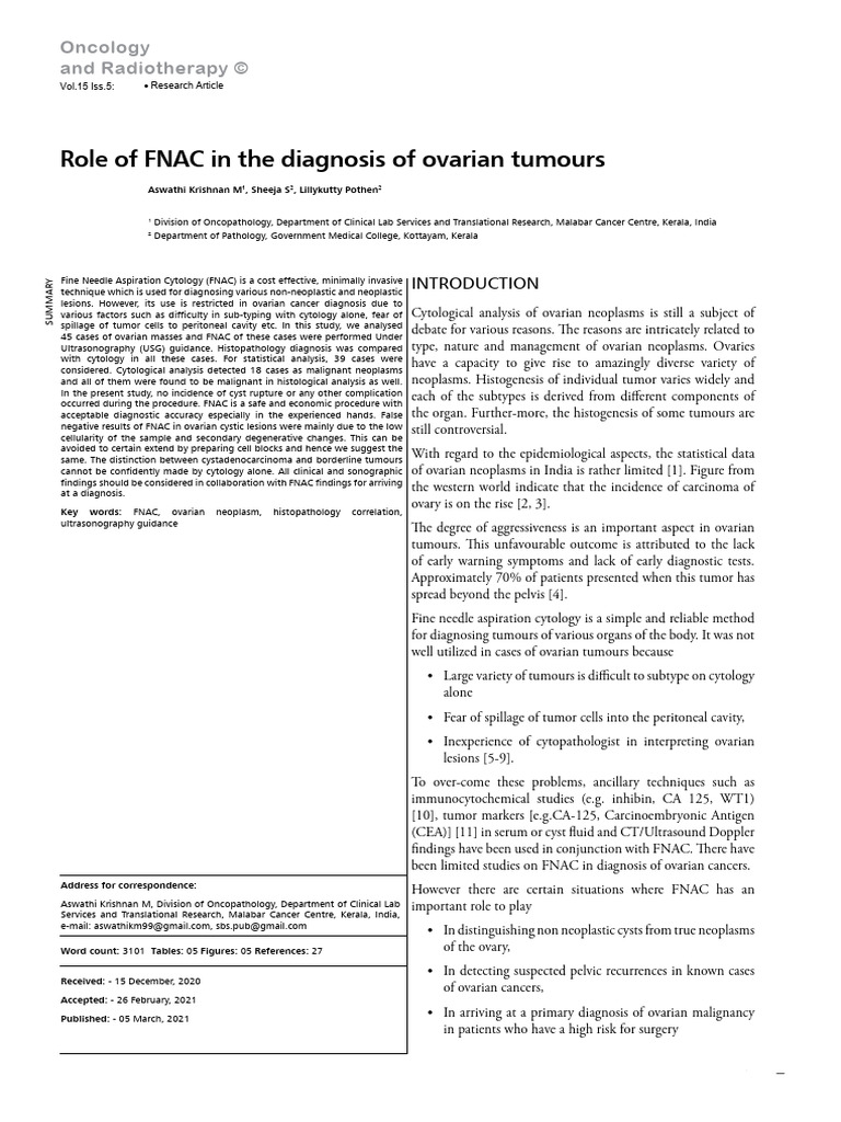 Role of Fnac in the Diagnosis of Ovarian Tumours | PDF | Cytopathology ... Role of Fnac in the Diagnosis of Ovarian Tumours | PDF | Cytopathology ...