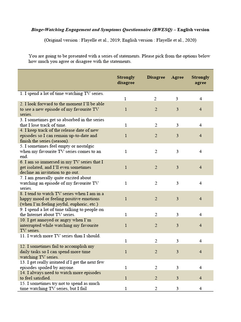 Binge-Watching Engagement Questionnaire | PDF | Emotions | Psychology