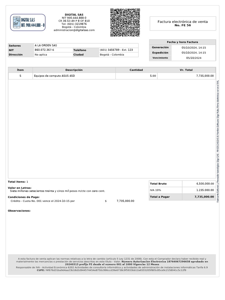 Ejemplo Factura Electrónica | PDF