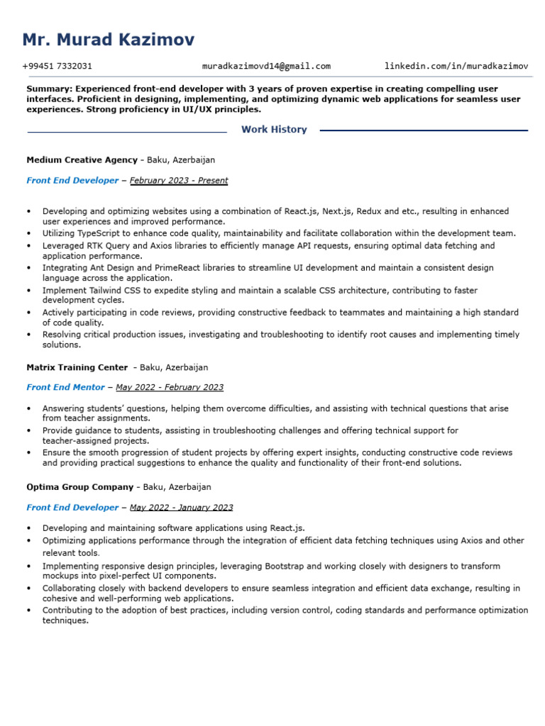 Murad Kazimov Resume | PDF | User Interface | Bootstrap (Front End Framework)