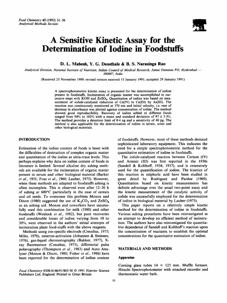 A Sensitive Kinetic Assay For Iodine | PDF | Iodine | Spectrophotometry