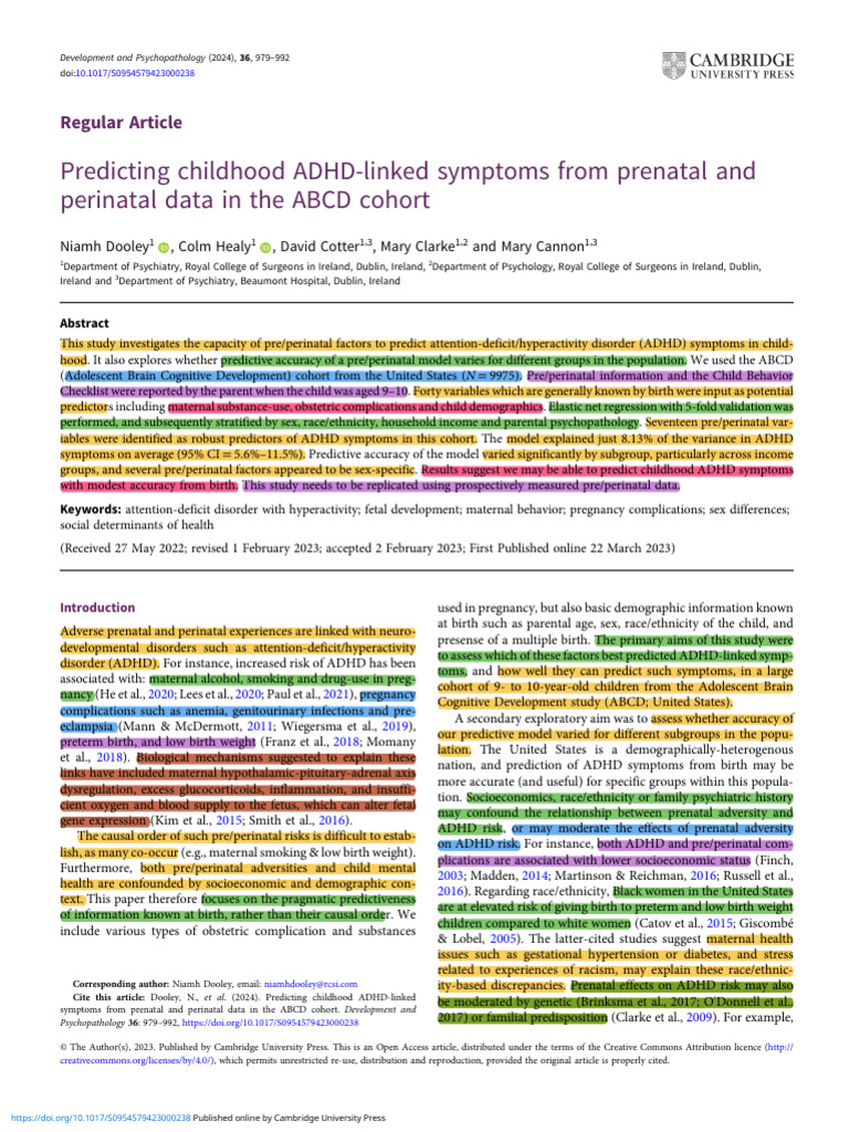 Predicting Childhood Adhd Linked Symptoms From Prenatal and Perinatal ...