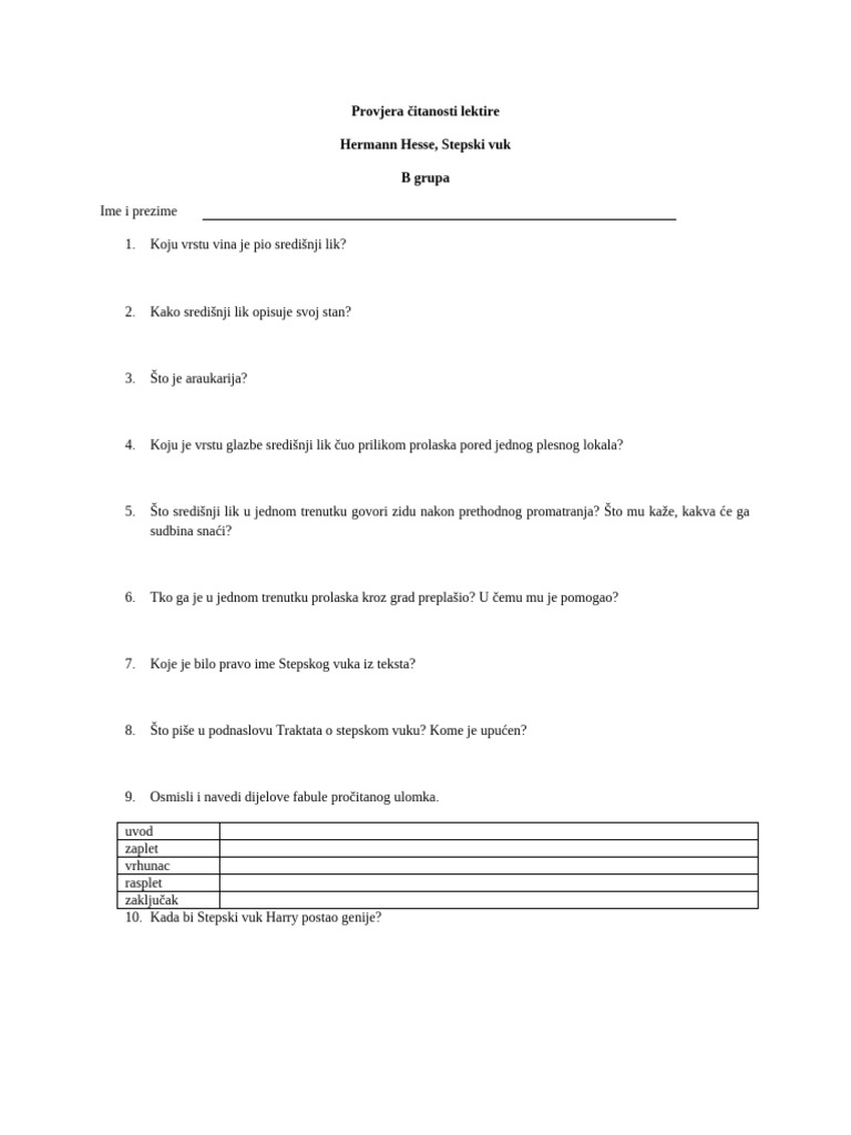 Provjera Čitanosti Lektire, Herman Hesse, Stepski Vuk, B Grupa | PDF