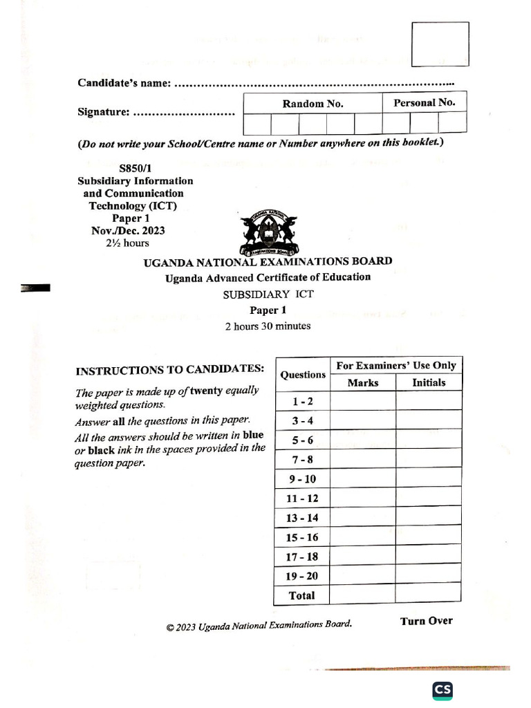 UNEB Subsidiary ICT 2023 P1 | PDF