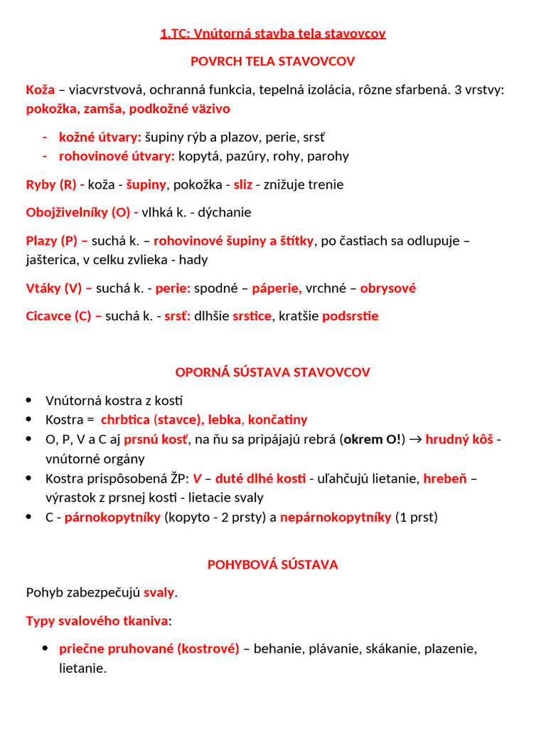 1.TC - Vnútorná Stavba Tela Stavovcov - Poznámky Do Zošita-5 | PDF