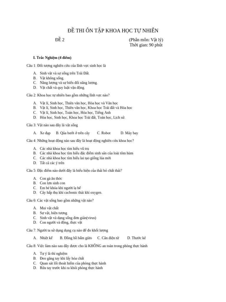 ĐỀ 1 KHTN LOP 6 | PDF