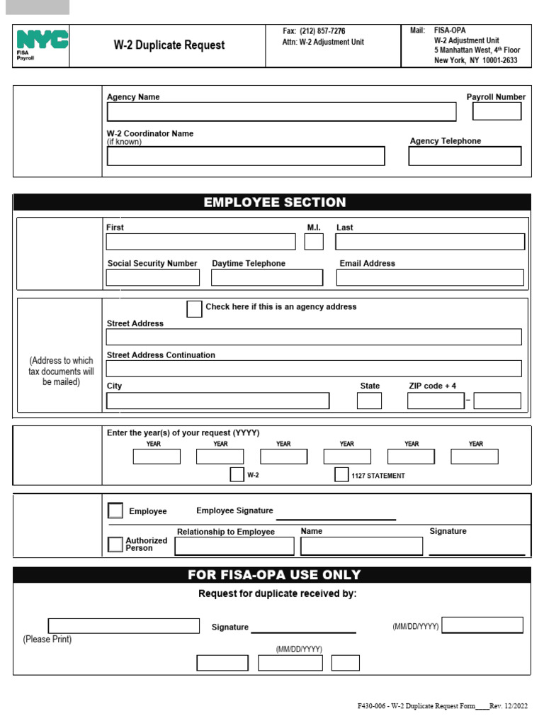 F430-006 W-2 Duplicate Request Form | PDF | Freight Transport | Public Services