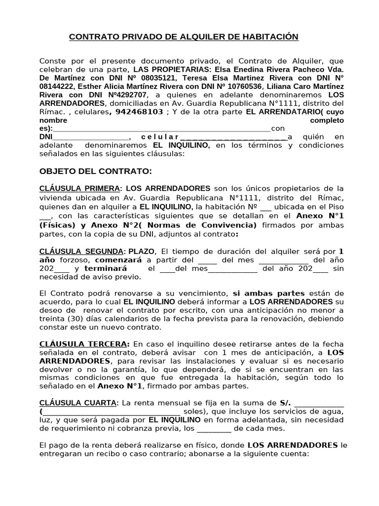 Contrato Generico - Alquiler de Hab. | PDF | Derecho privado | Derecho ...