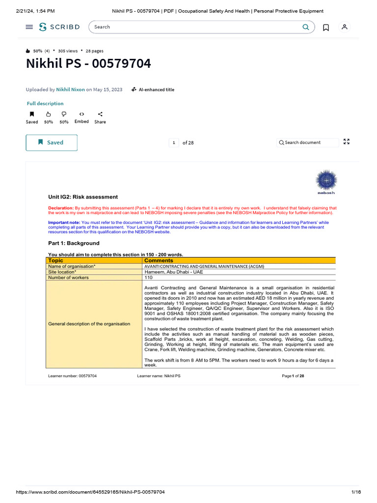 Nikhil PS - 00579704 _ PDF _ Occupational Safety And Health _ Personal ...