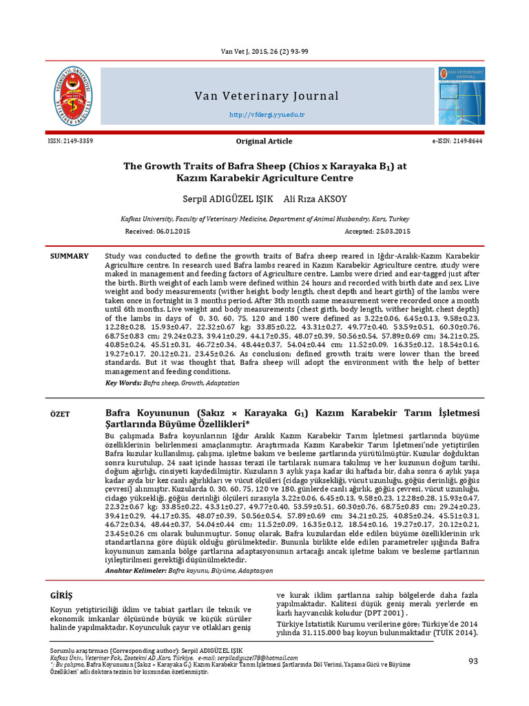 Bafra Koyununun (Sak__z __ Karayaka G1) Kaz__m Karabekir Tar__m ____letmesi __artlar__nda B__y ...