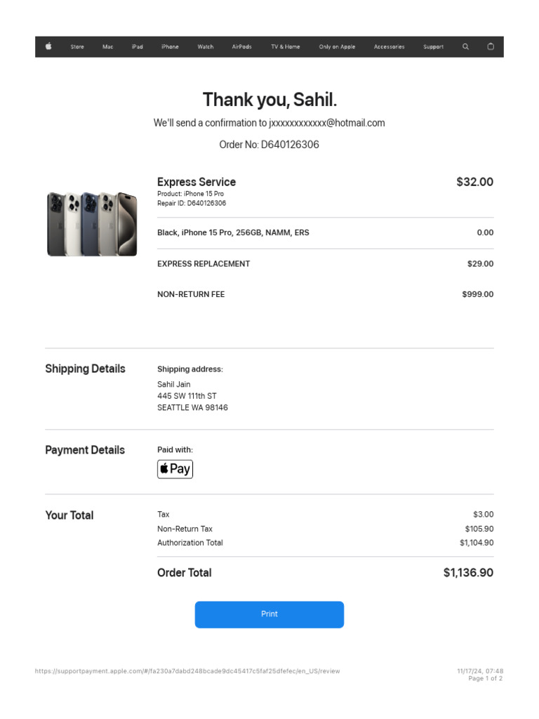 Iphone 15 Pro - Apple Support Payment | PDF