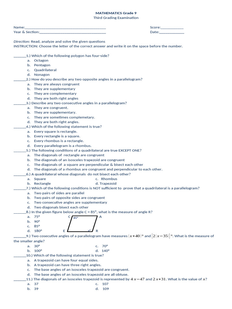 3Q MATH 9 TQ | PDF | Rectangle | Perpendicular