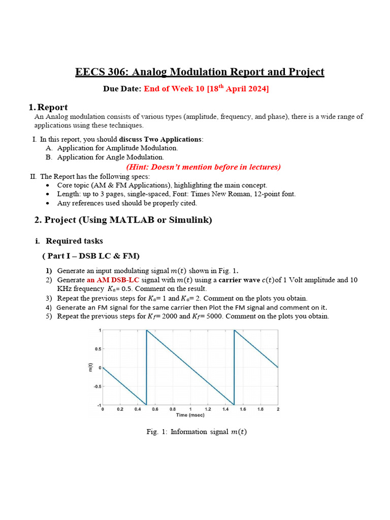 EECS306 Analog Modulation Report and Project Spring 2024 | PDF ...