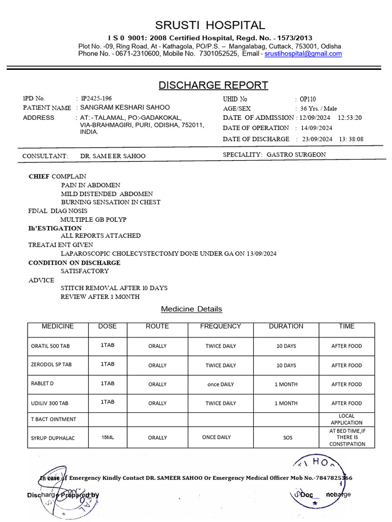 Discharge Summary for Sangram Sahoo | PDF | Health Care | Diseases And ...