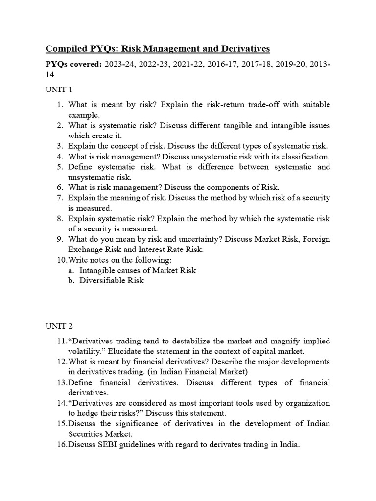 Compiled PYQs RM & Derivatives | PDF | Futures Contract | Option (Finance)