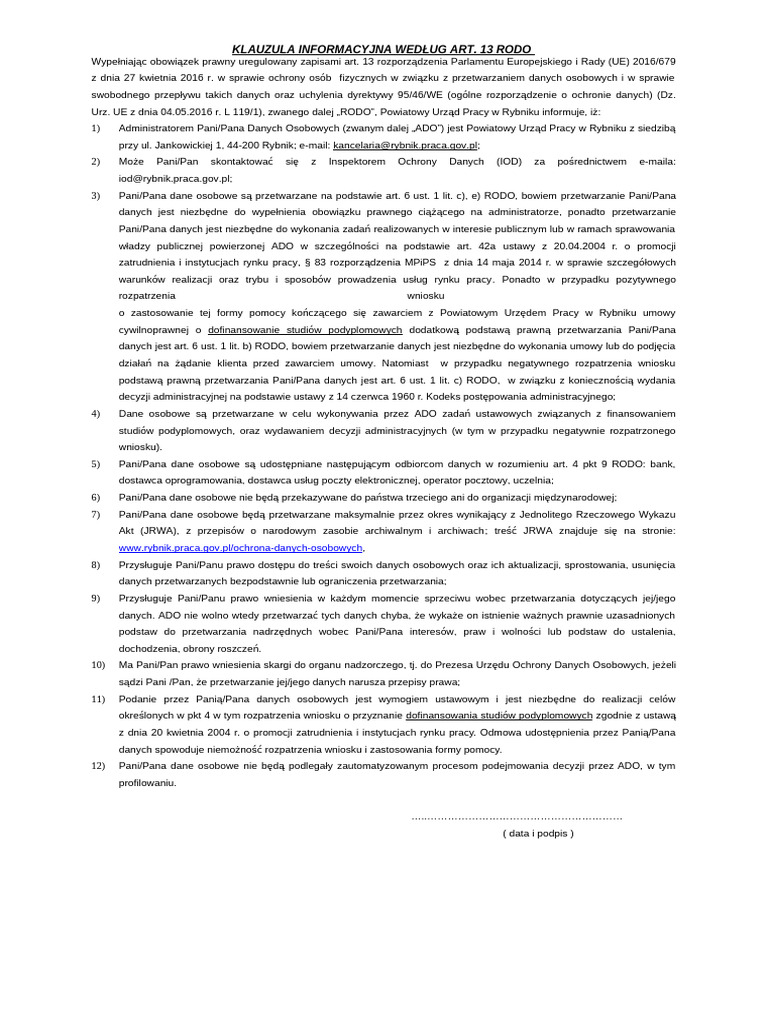Klauzula Informacyjna RODO Studia | PDF