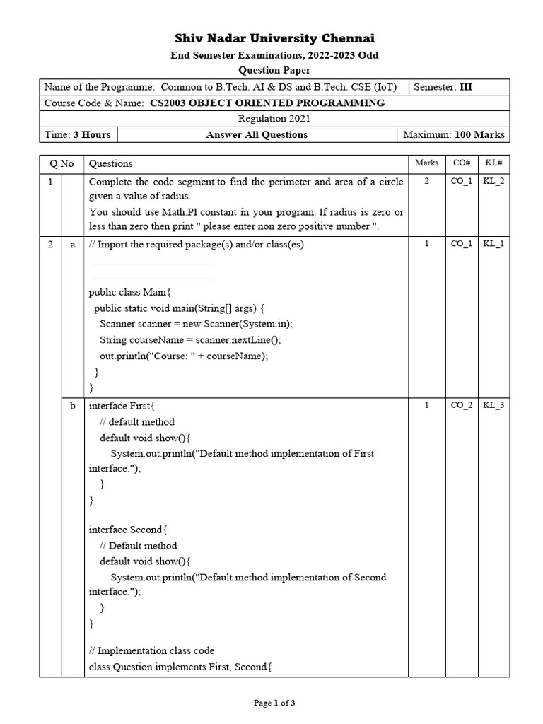 CS2003 Object Oriented Programming Exam | PDF | Method (Computer ...