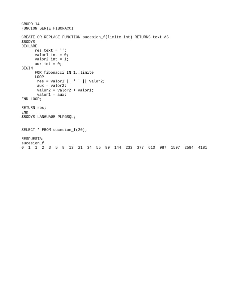 Función Fibonacci en PLPGSQL | PDF