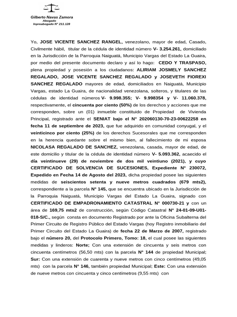 Cesion JOSE VICENTE SANCHEZ 4 | PDF | Documento de identidad | Ley común