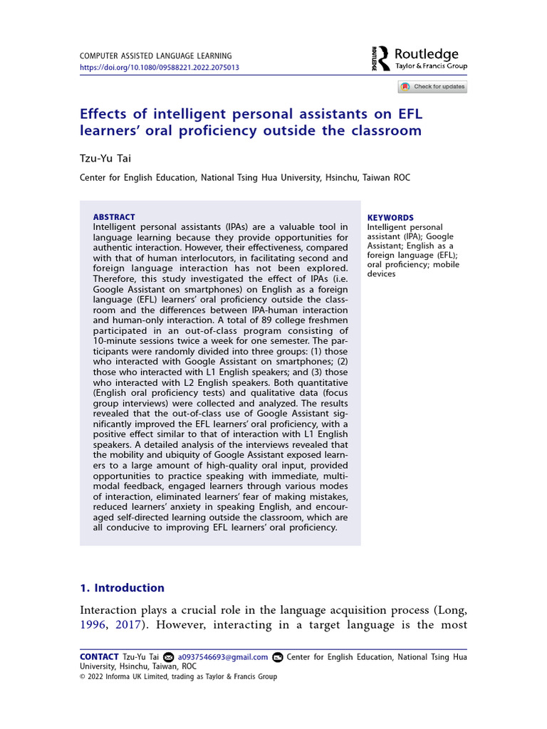 Tzu Yu Tai Effects of Intelligent Personal Assistants | PDF | Second ...