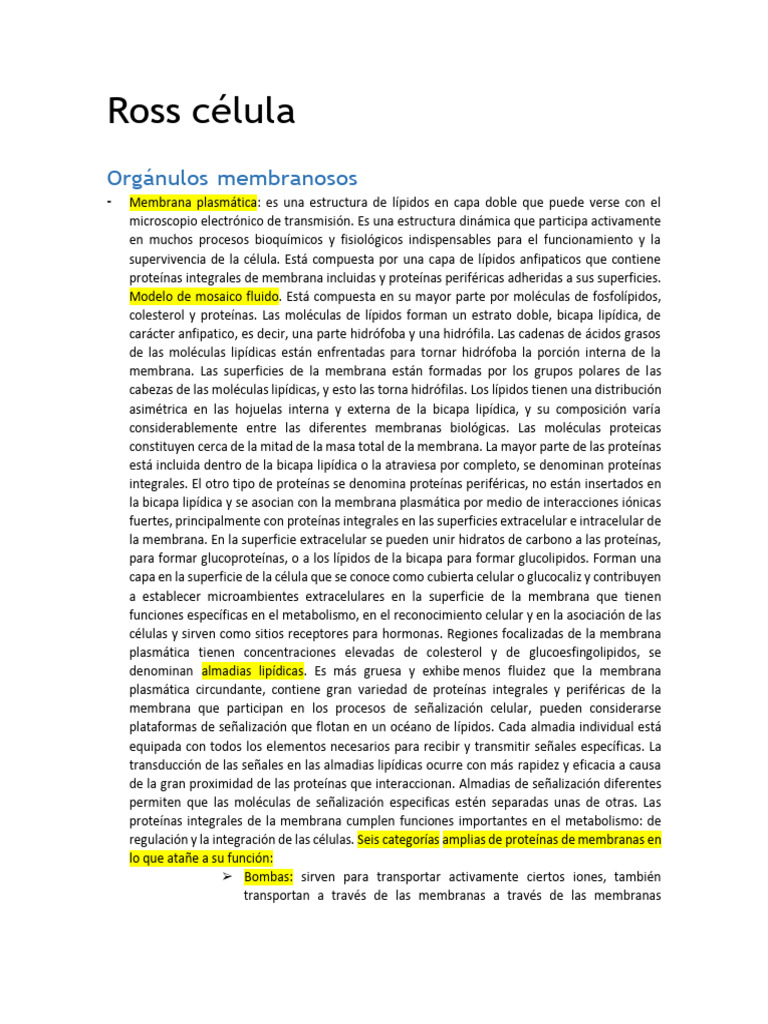 Resumen Celula Ross | PDF | Citoplasma | Membrana celular