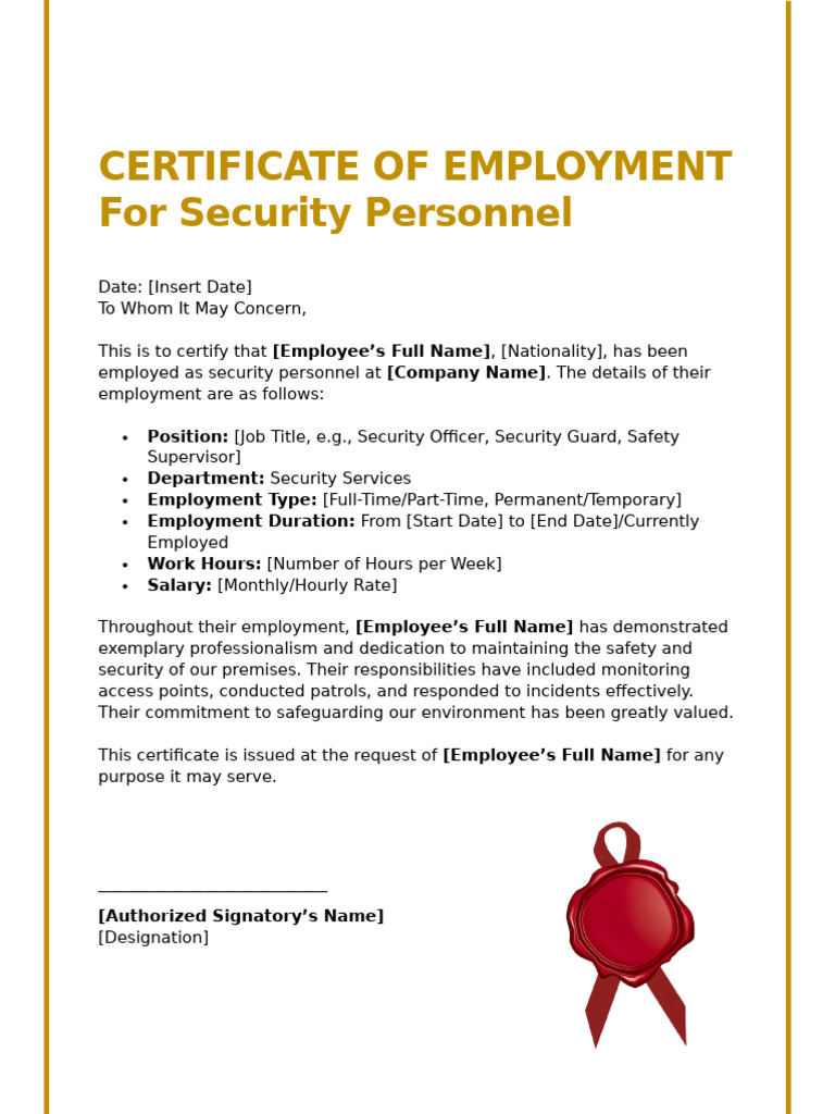 Security Guard Employment Certificate | PDF