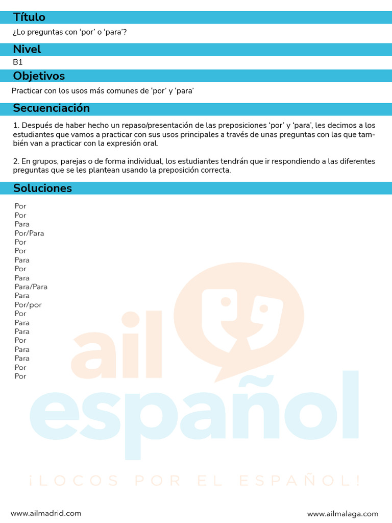 Secuenciacion Ejercicio Espanol Contraste Preposiciones Por para | PDF