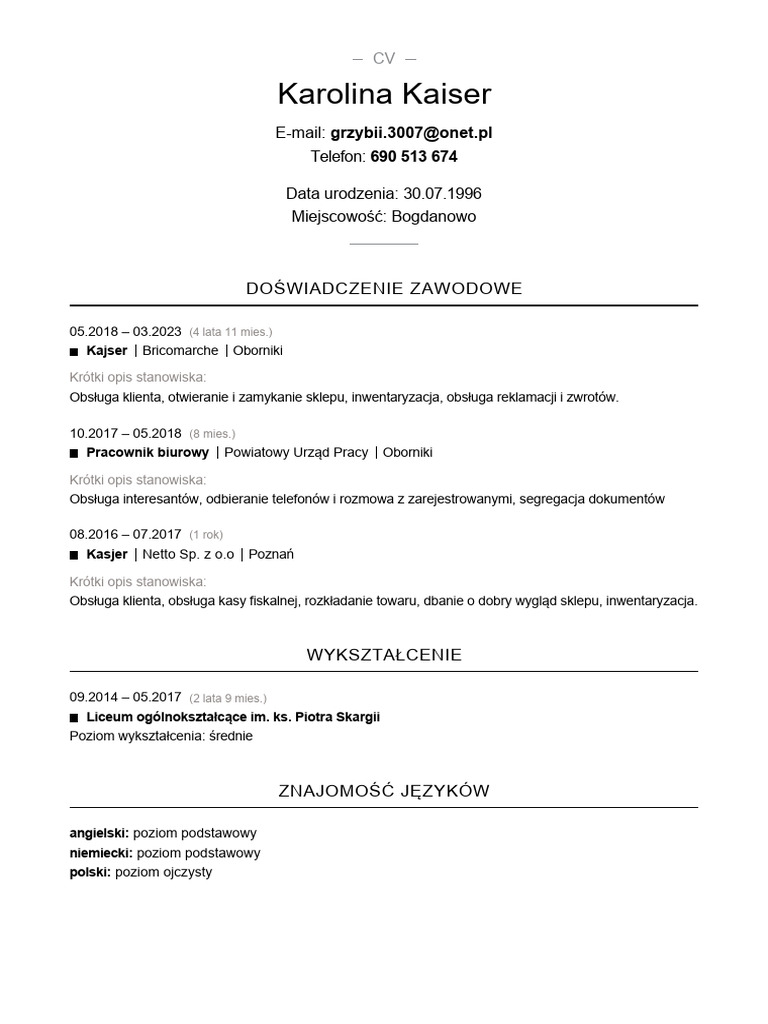 CV Karolina Kaiser | PDF