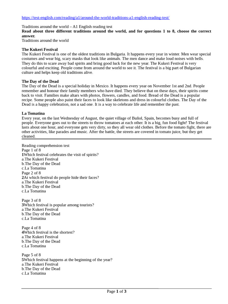 2. Traditions around the world – A1 English reading test | PDF | Traditions