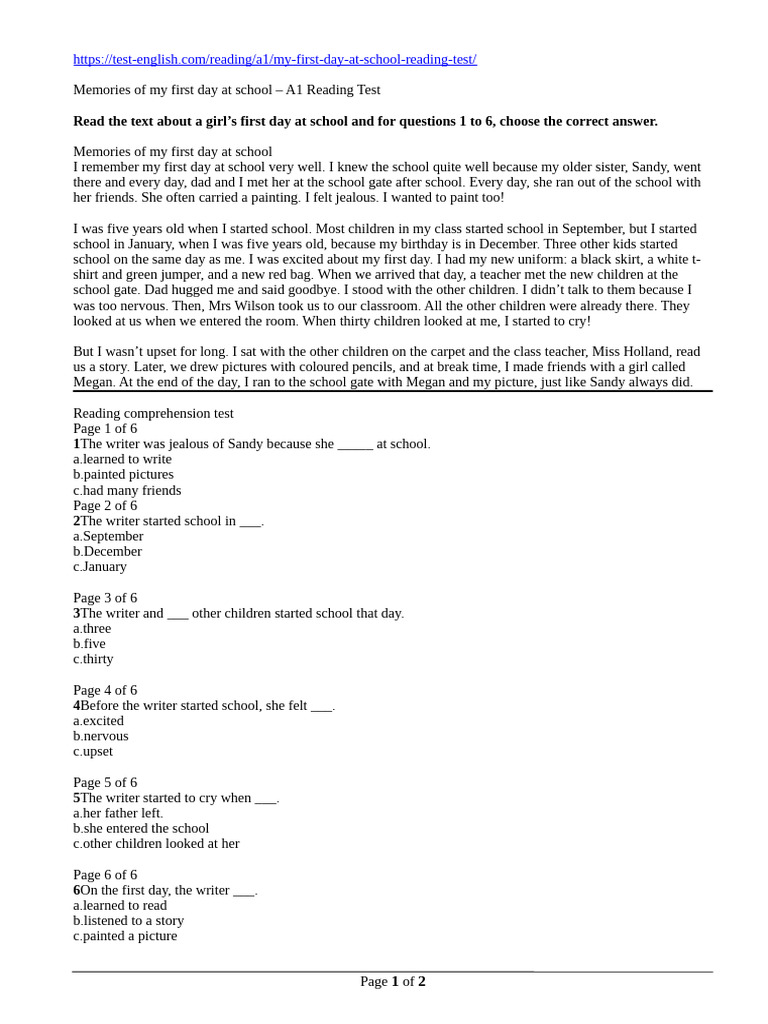 First Day at School: A Reading Test | PDF