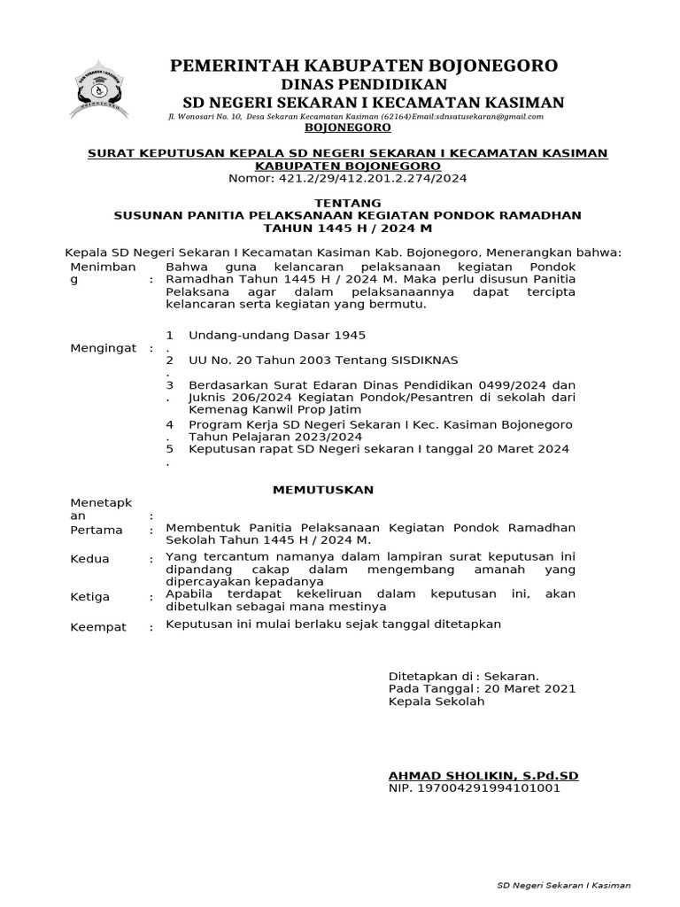 Panitia Pondok Ramadhan SD Sekaran 2024 | PDF