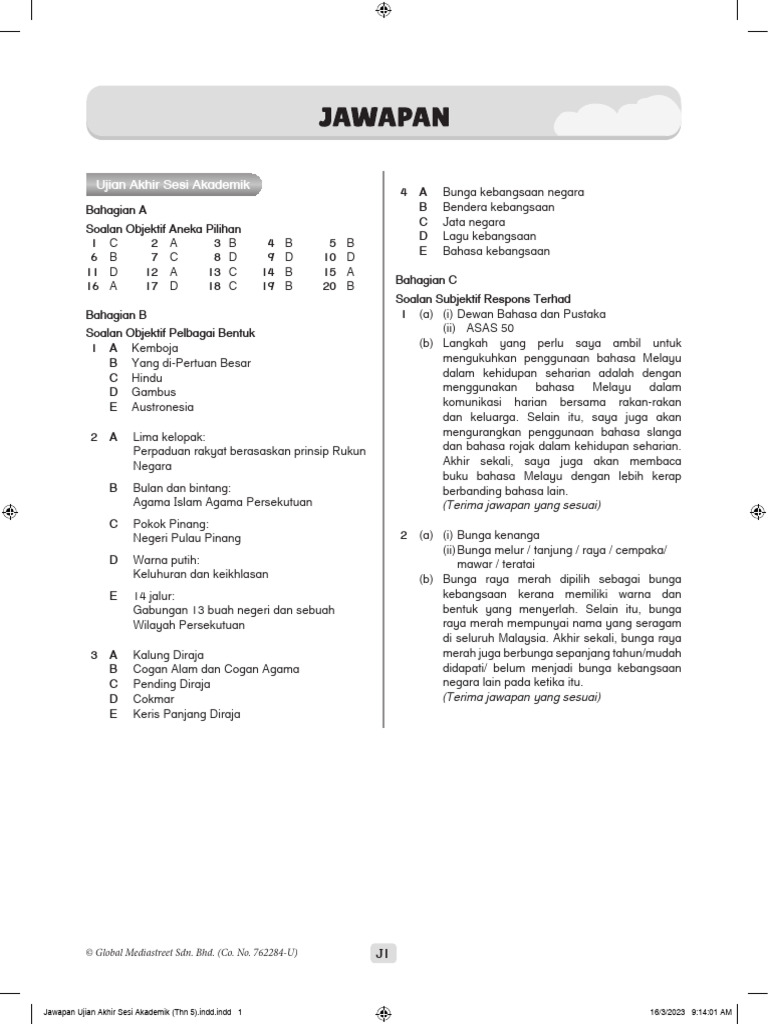 Jawapan Ujian Akhir Sesi Akademik Tahun 5 | PDF