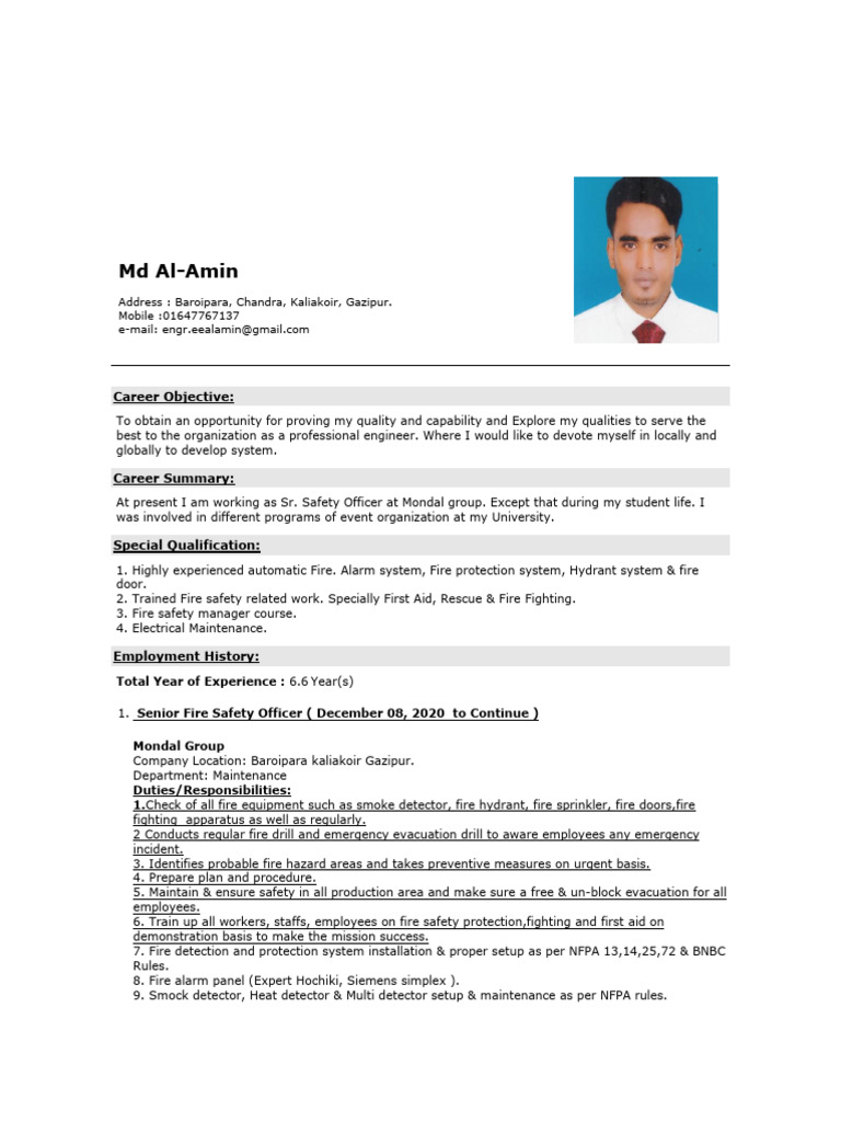 Md. Al-Amin CV | PDF | Fire Safety | Safety