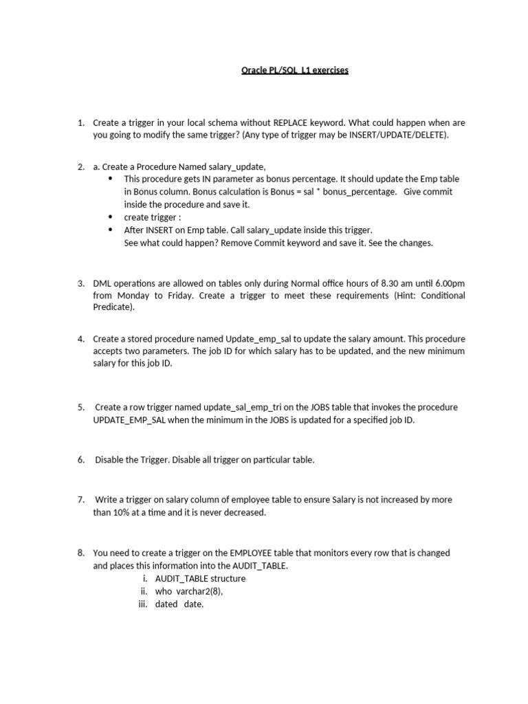 PL-SQL l1 Exercises 0 | PDF | Parameter (Computer Programming) | Pl/Sql