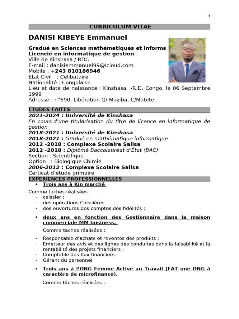 CV de Danisi Kibey Emmanuel | PDF | République démocratique du Congo