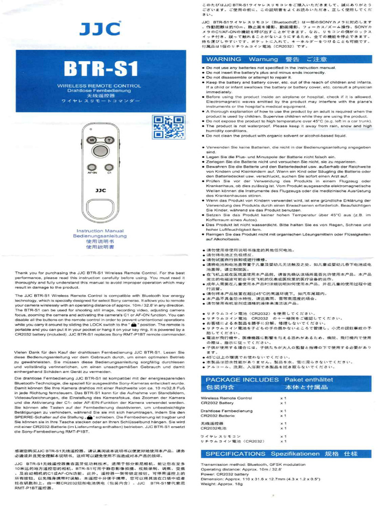 Manual - JJC BTR-S1 Remote | PDF