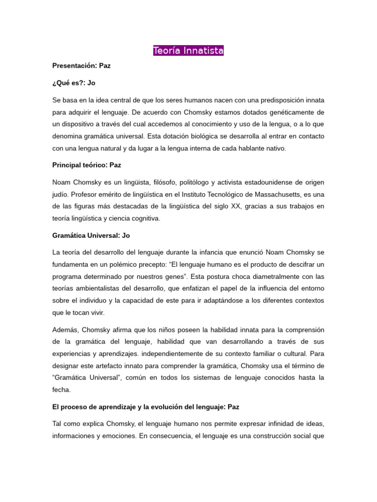 Información Teoria Inatista | PDF | Noam Chomsky | Lingüística