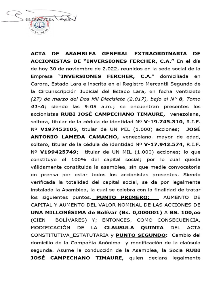 Acta Aumento Inversiones Fercher V.1 PDF | PDF