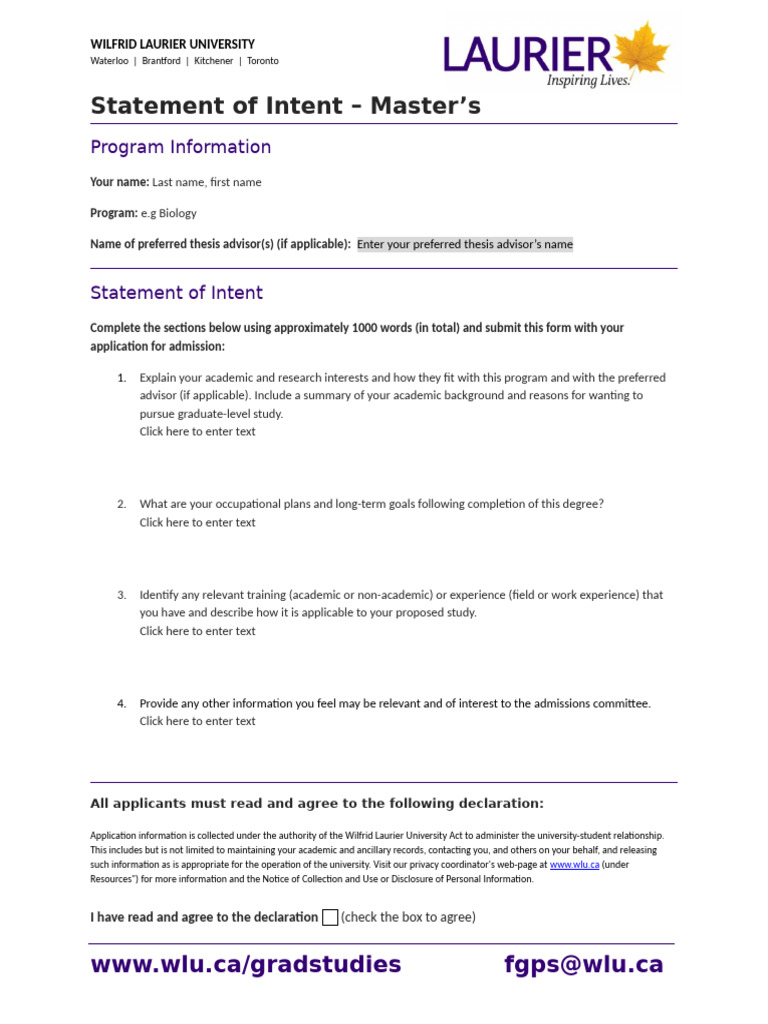 Statement of Intent Masters | PDF