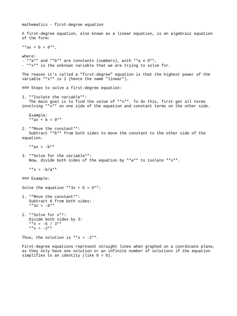 Mathematics - First-Degree Equation | PDF