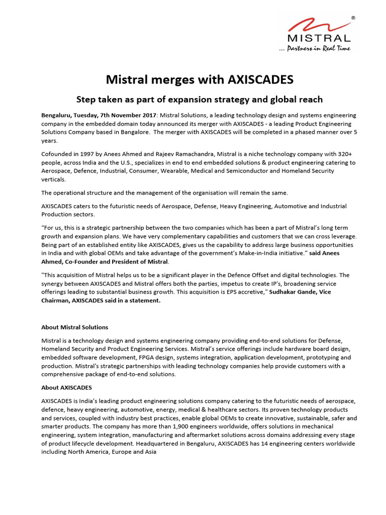 Press Release Mistral Merges With AxisCades | PDF | Engineering | Business
